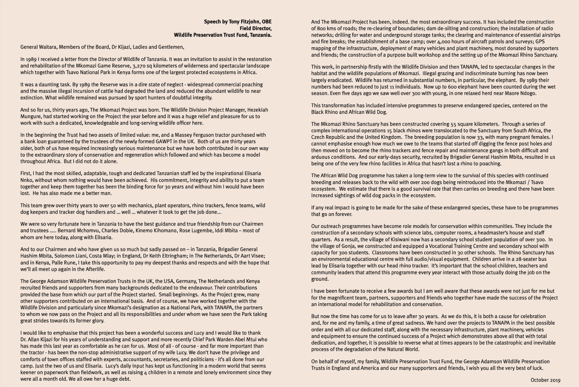 Speech by Tony Fitzjohn at the handover of The Mkomazi Project - Kora ...